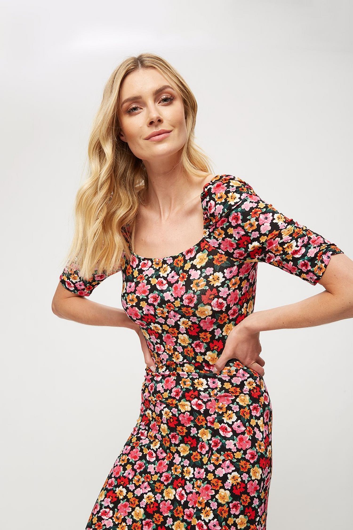 Red Floral Square Neck Split Midi Dress Dorothy Perkins Uk